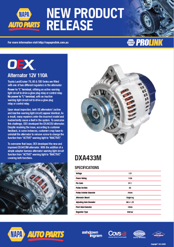 OEX DXA433M Alternator 12V 110A | NAPA