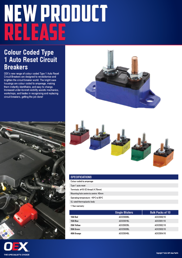 OEX Colour Coded Type 1 Auto Reset Circuit Breakers | NAPA